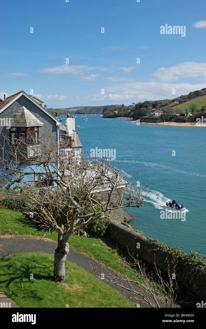 A terrace overlooking the estuary at Salcombe, South Devon, England ...