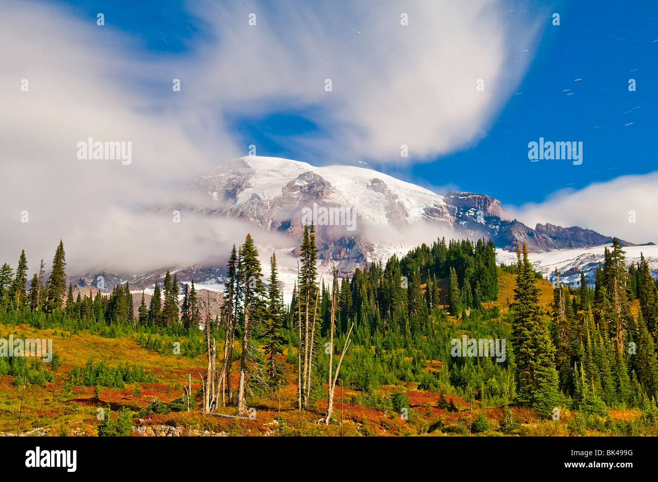 Mount Rainier by the light of the full moon in the fall in the Paradise ...