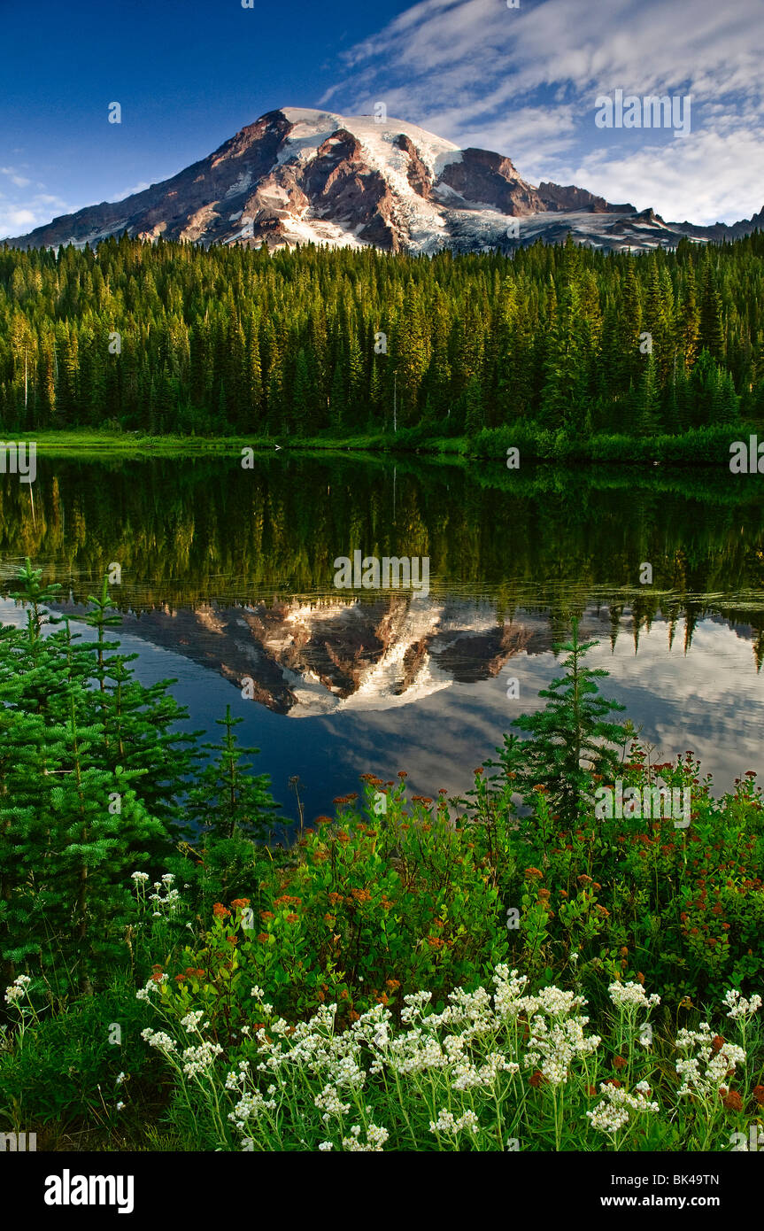 Mount Rainier and Reflection Lake in the early morning. Mount Rainier ...