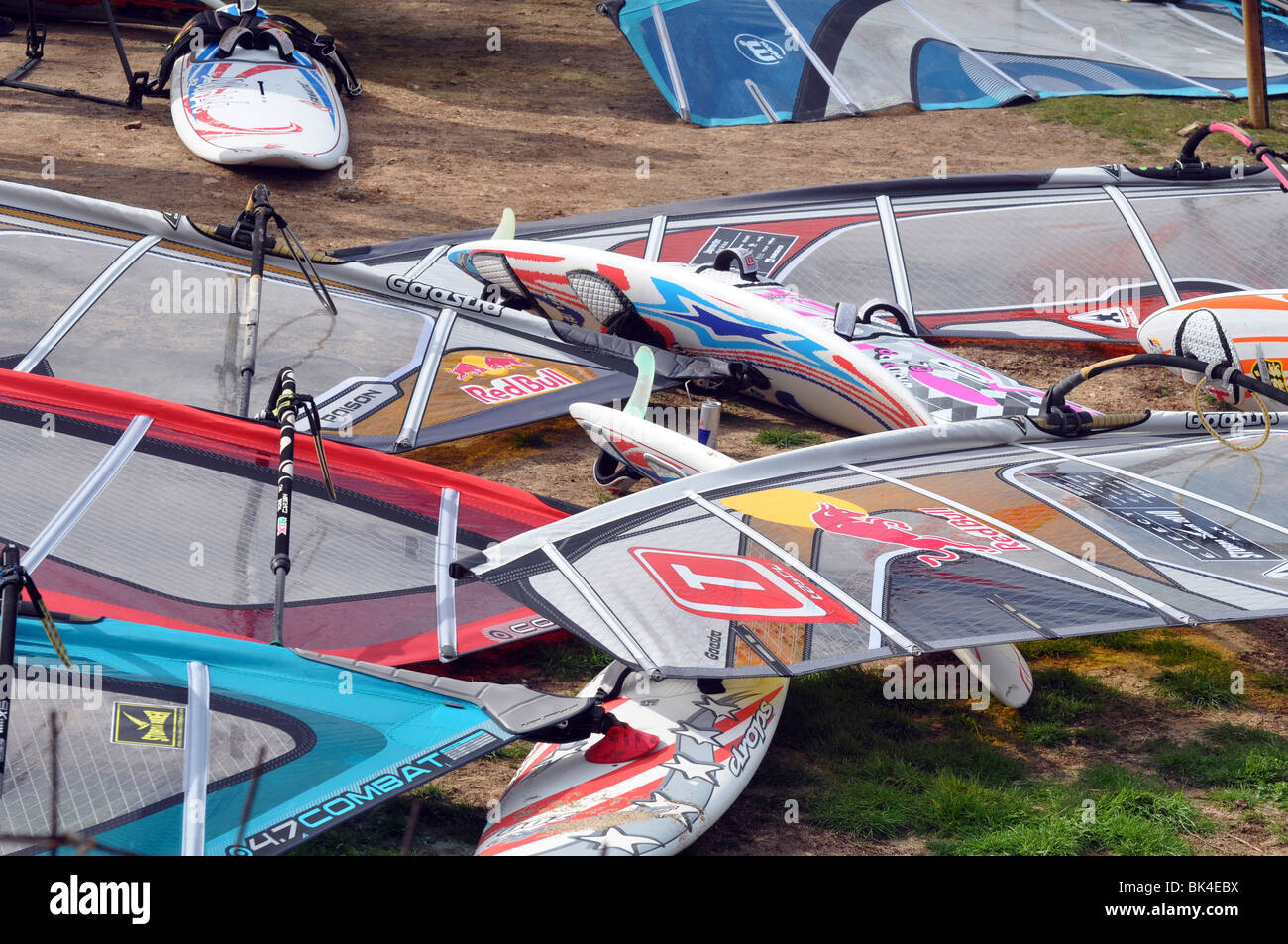 Windsurfing boards and sails on the beach before a competition Stock ...