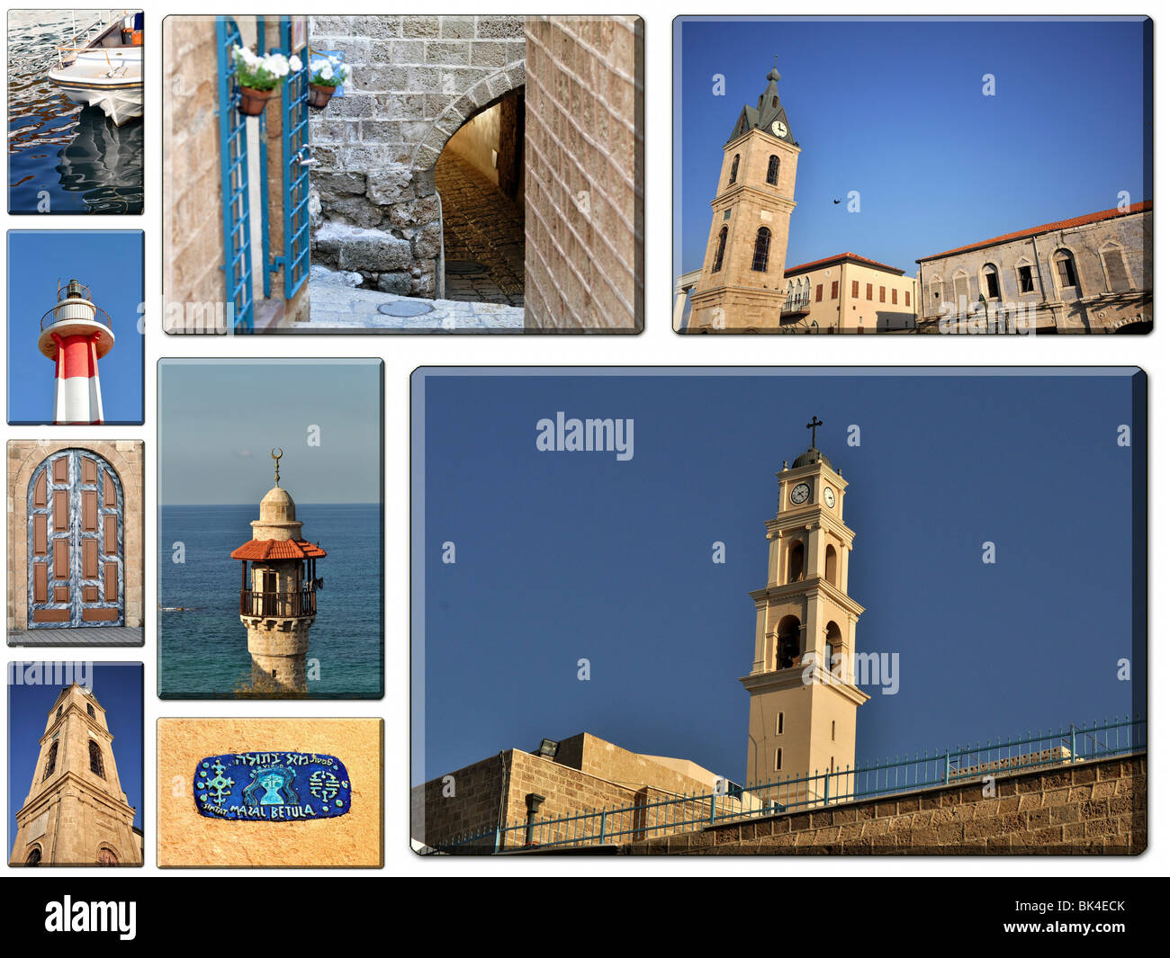 A nine image collage of renovated old Jaffa landmarks Stock Photo - Alamy