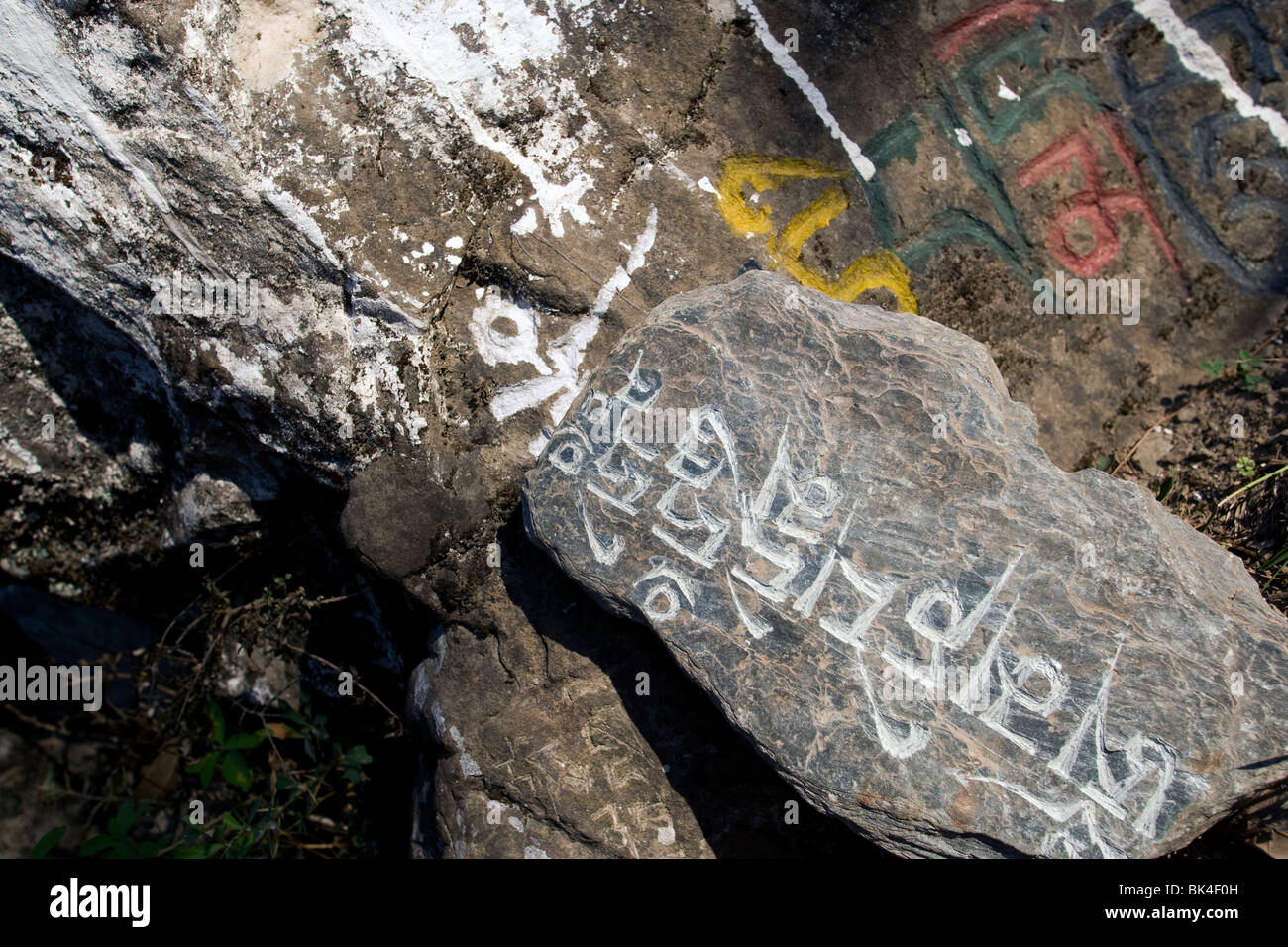 Carved stones with Buddhist messages along the path in Dharamsala ...