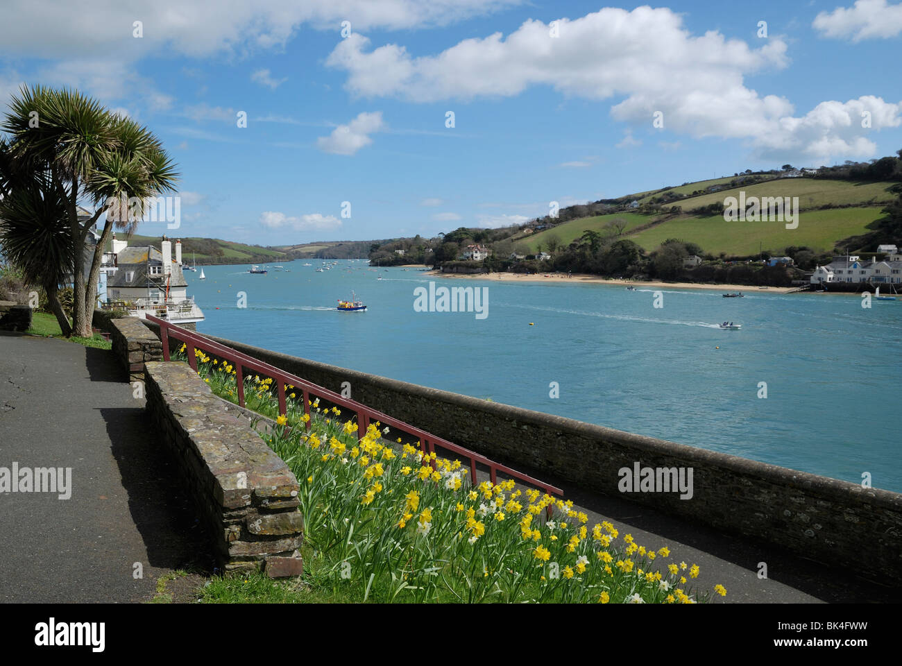 A terrace overlooking the estuary at Salcombe, South Devon, England ...