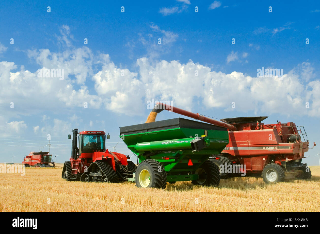 A combine offloads grain into a waiting grain cart in the Palouse ...