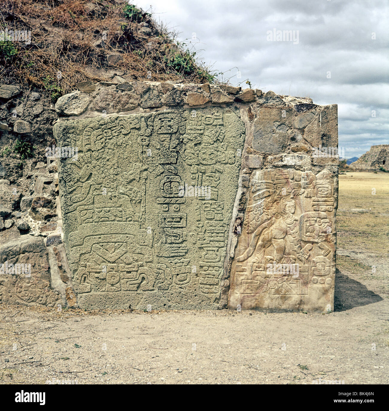 Glyphic carvings on the base of a pyramid at the pre-Columbian site of ...