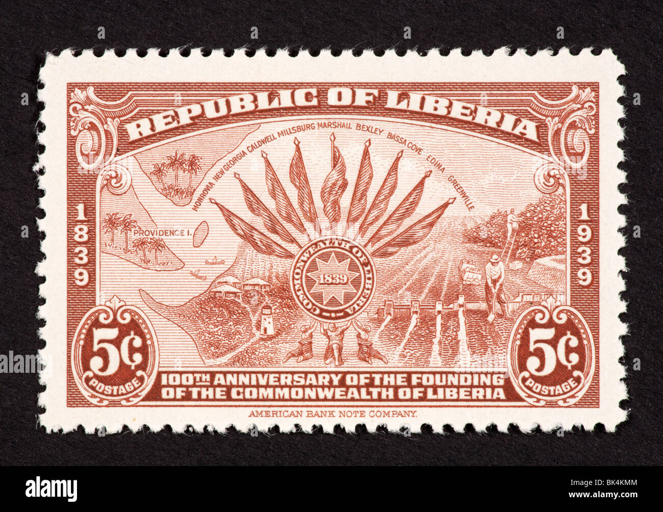 Postage stamp from Liberia showing the seal of Liberia, map, farming ...