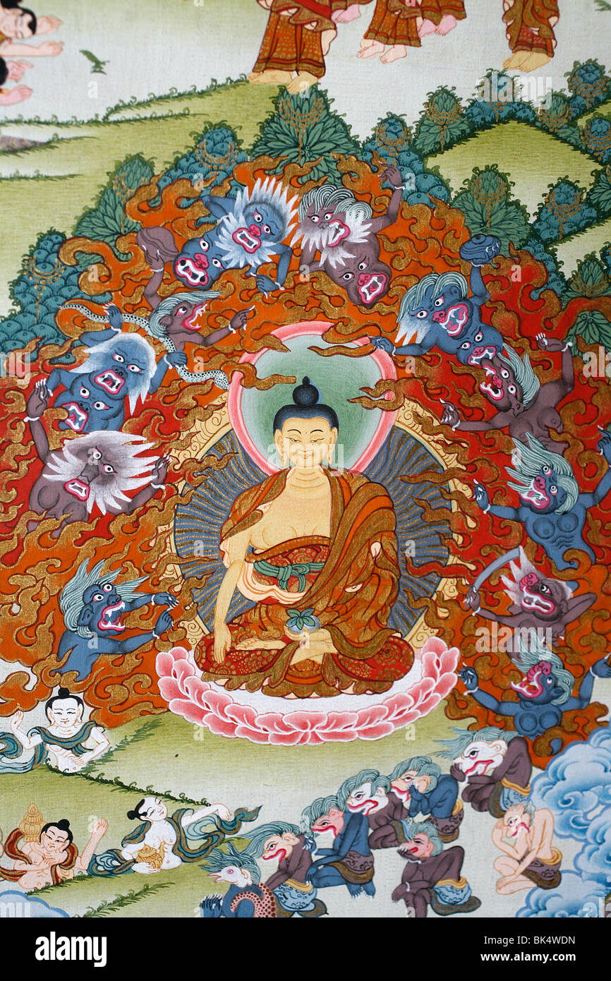 Thangka painting of the Buddha Sakyamuni surrounded by temptation ...