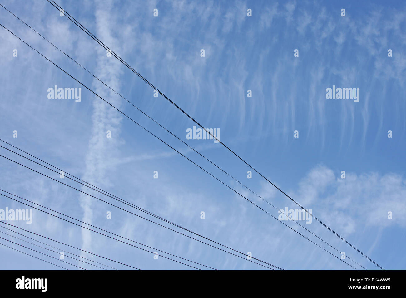 Low angle view of power cables with sky, Streatham Common, Streatham ...