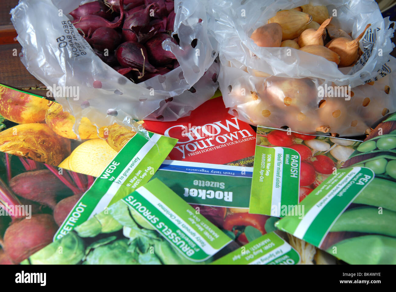 a variety of vegetable seeds and bulbs ready to be planted in a small ...