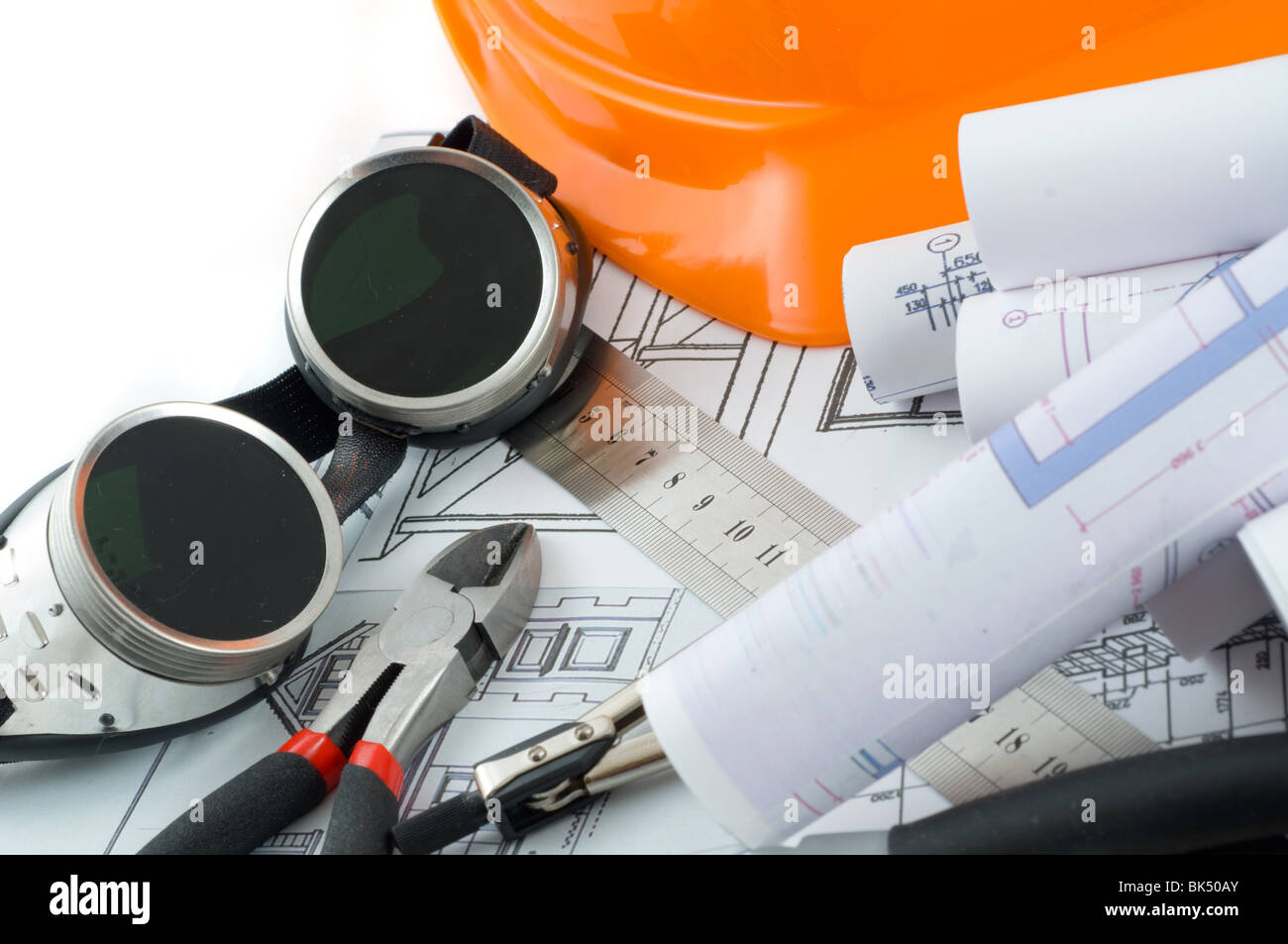 hard hat and working tools Stock Photo - Alamy