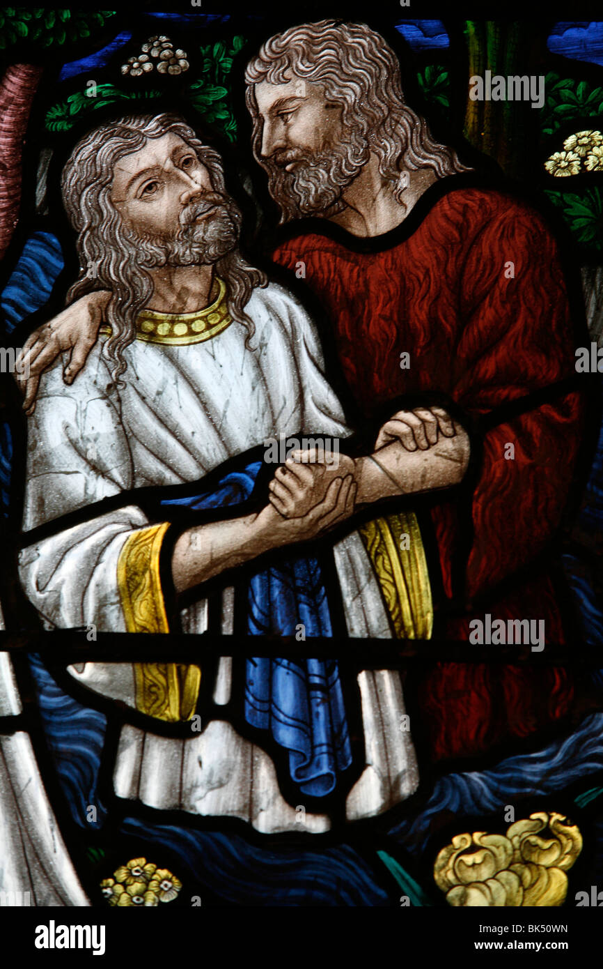 Stained glass of St. John baptising Jesus, Jerusalem, Israel, Middle ...