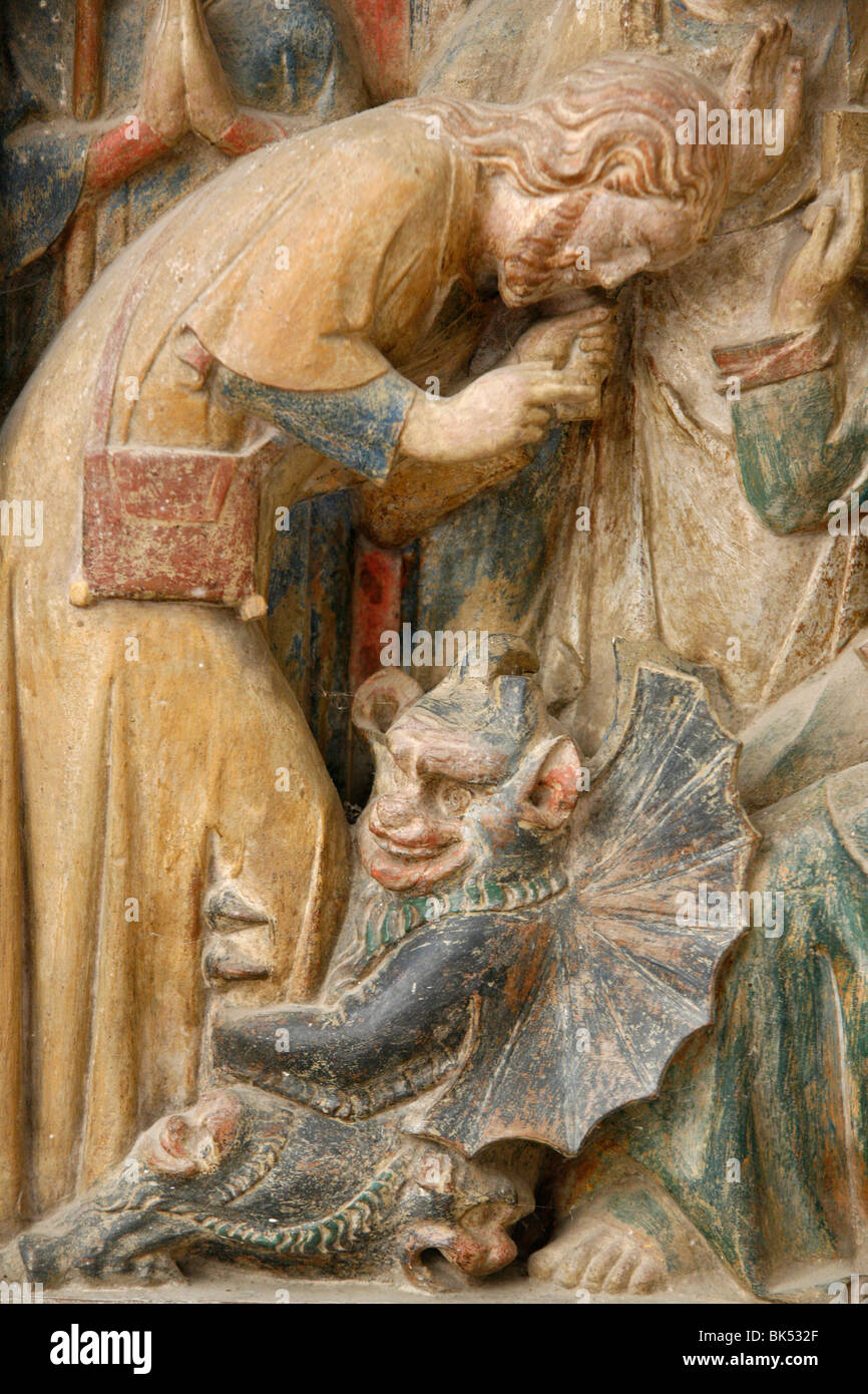 Detail of temptation by the devil on 14th century retable depicting St ...