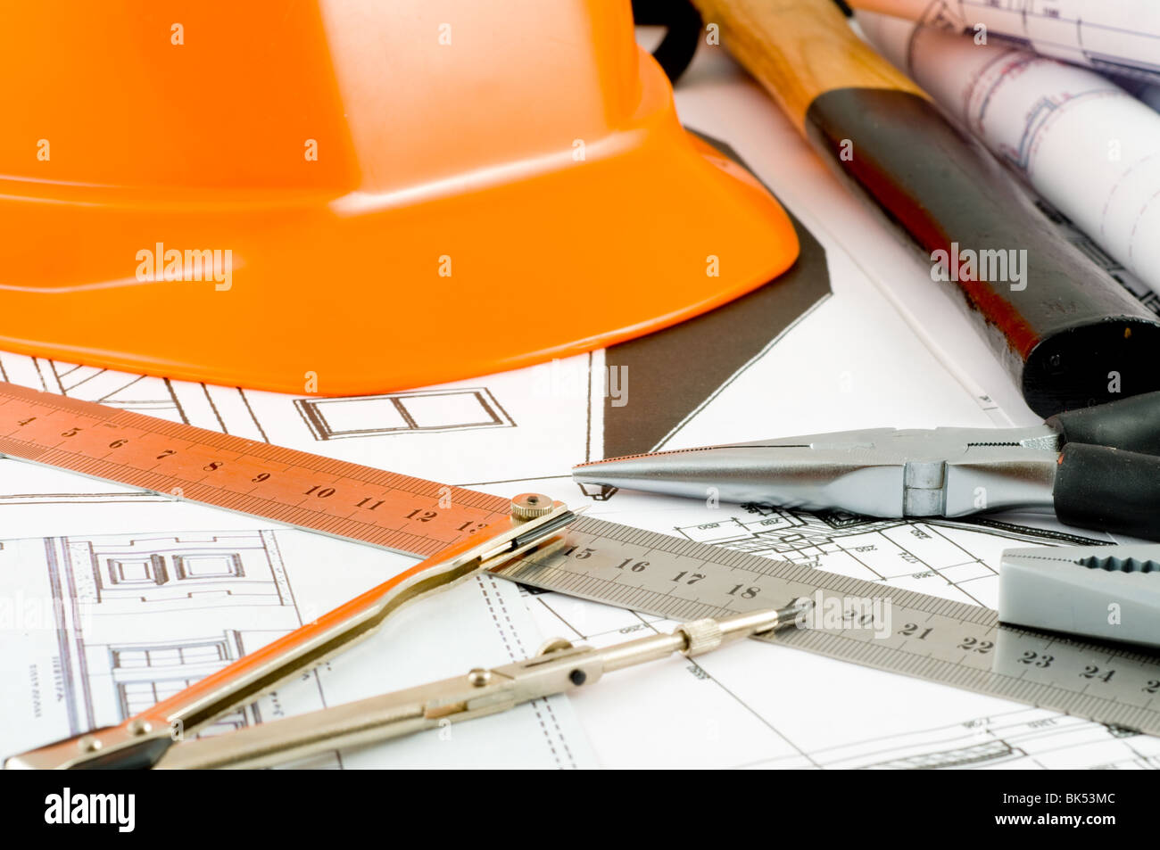 hard hat and working tools Stock Photo - Alamy