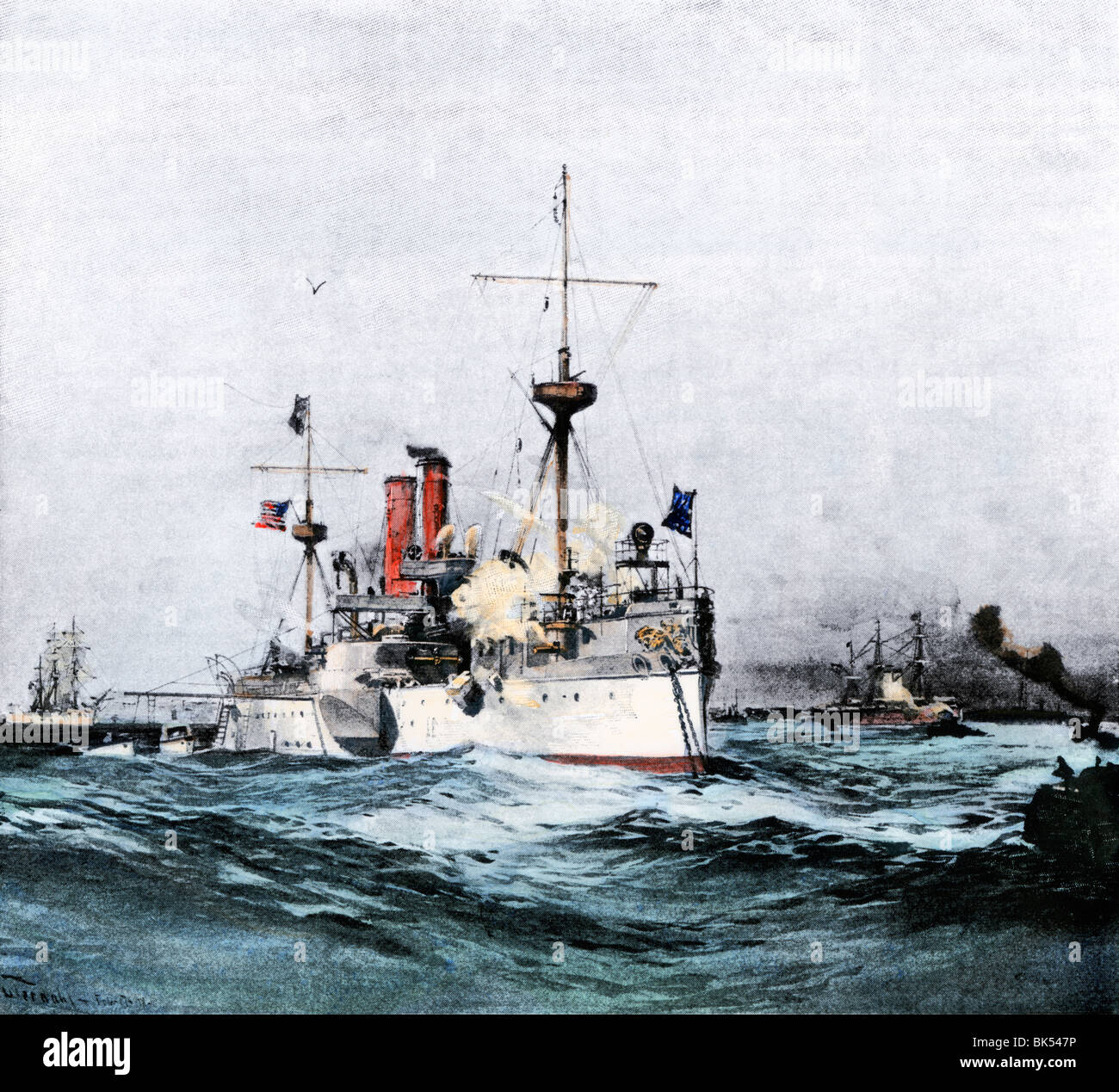 USS Maine saluting the Spanish flagship upon arrival in Havana harbor ...