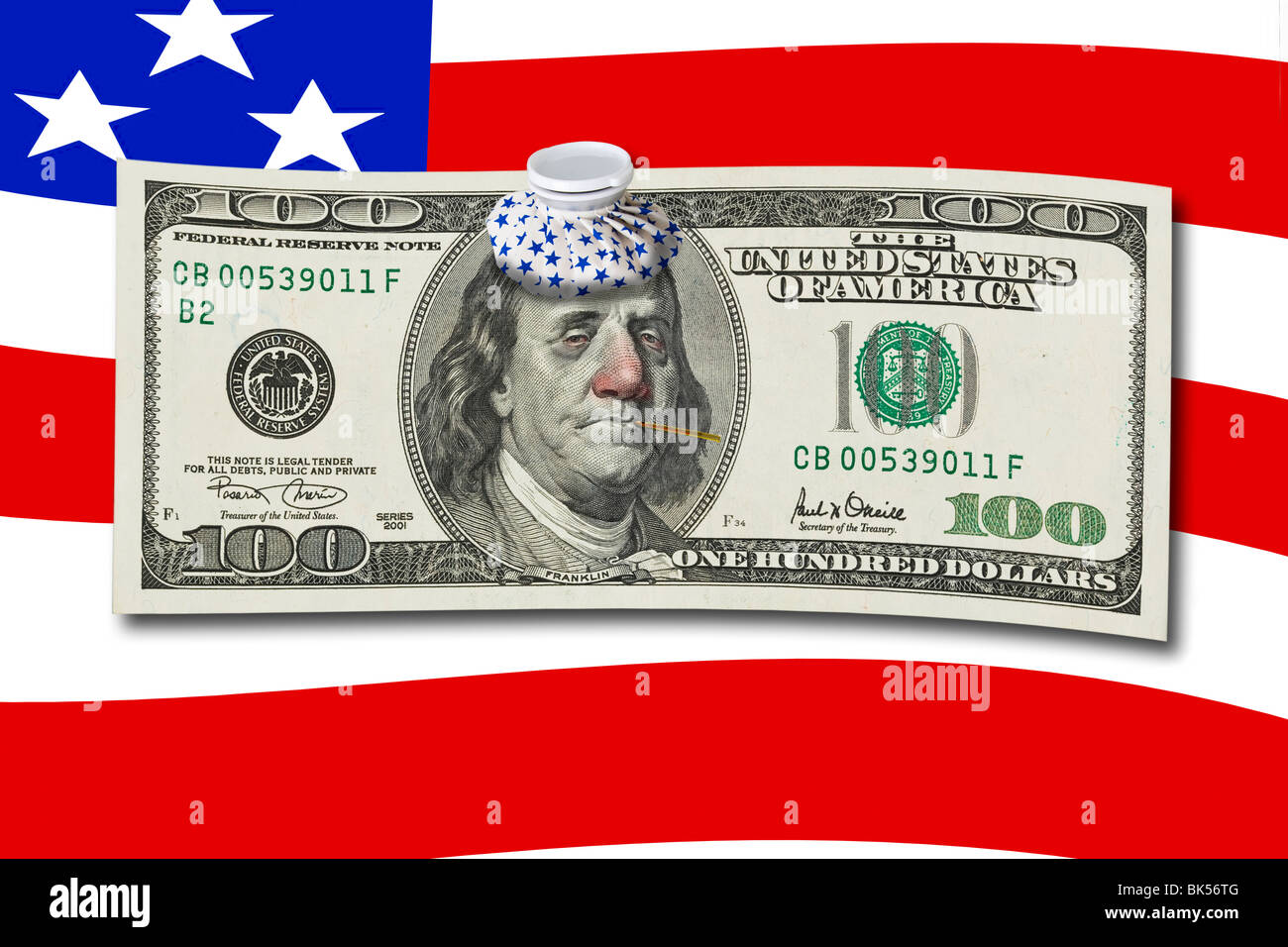 One Hundred dollar bill with sick Benjamin Franklin Stock Photo - Alamy
