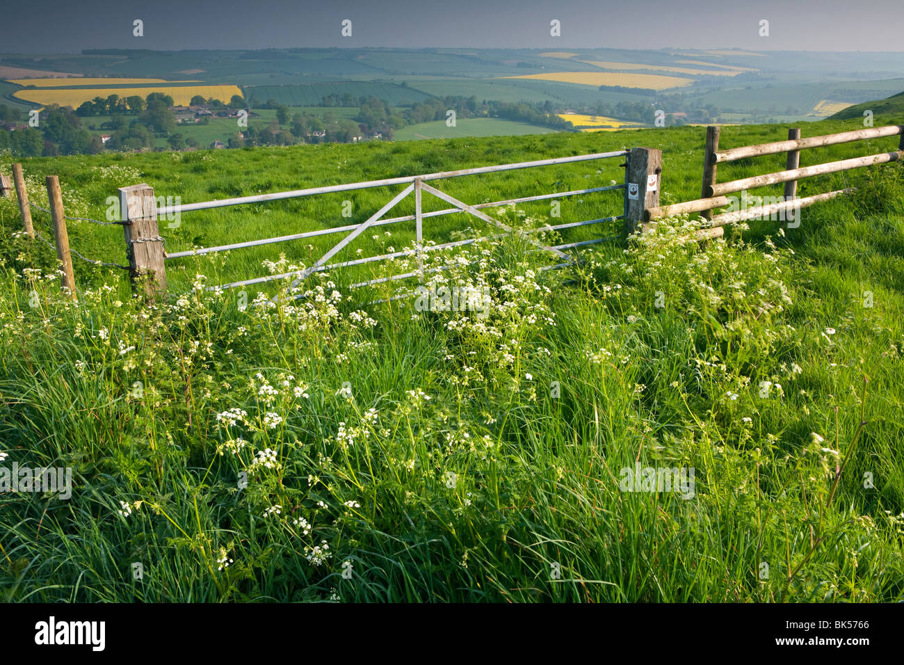 A view of a gate on downland looking towards farmland beyond Stock ...