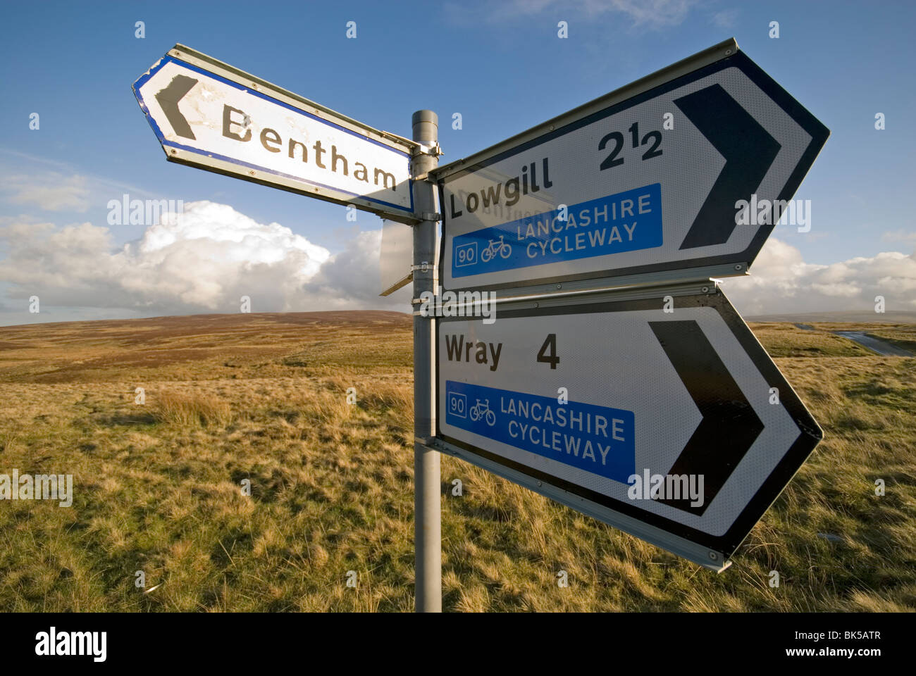 Road sign in the Forest of Bowland, on the Lancashire Cycleway route ...