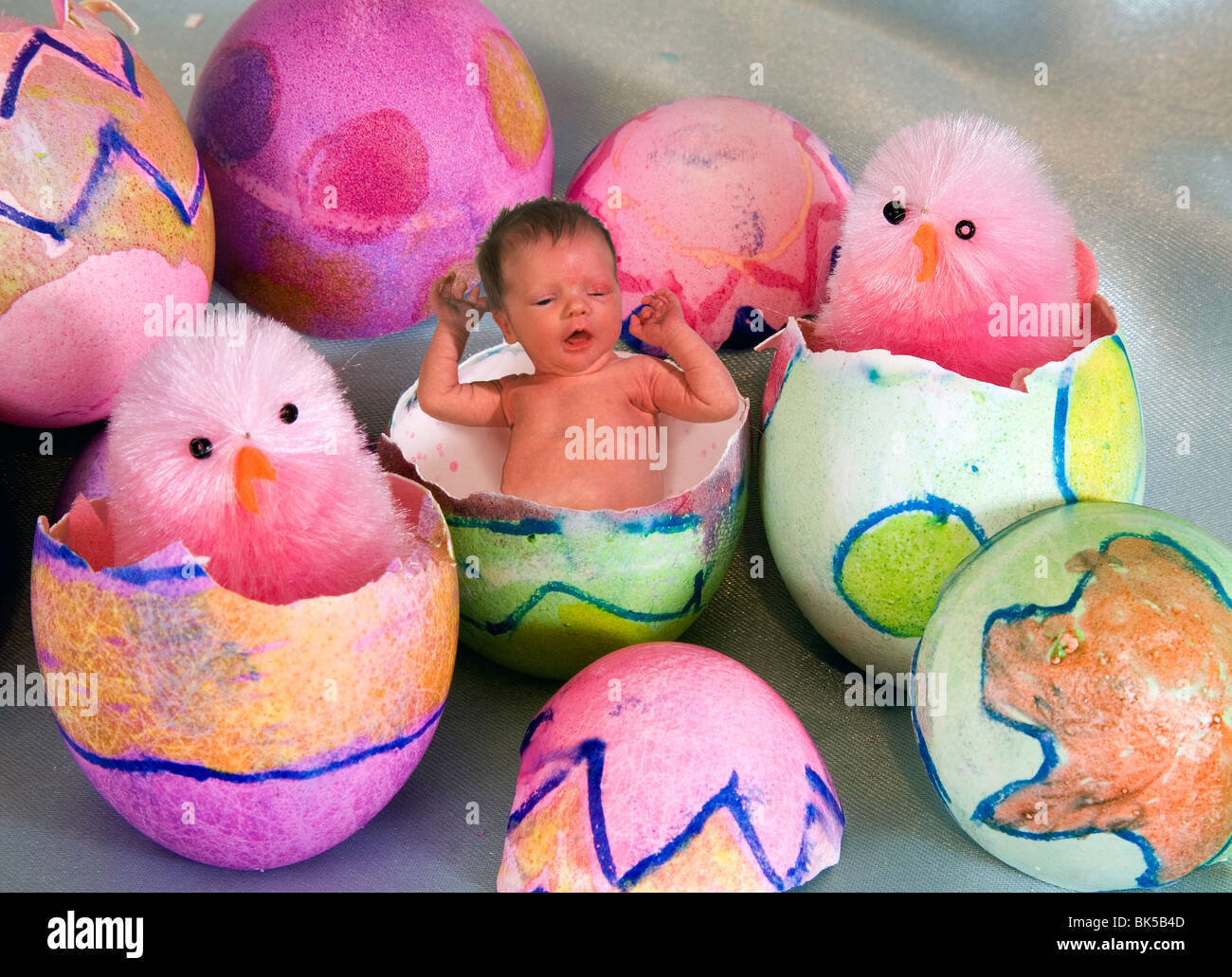 Happy Easter chick bunny baby basket egg eggs Stock Photo - Alamy