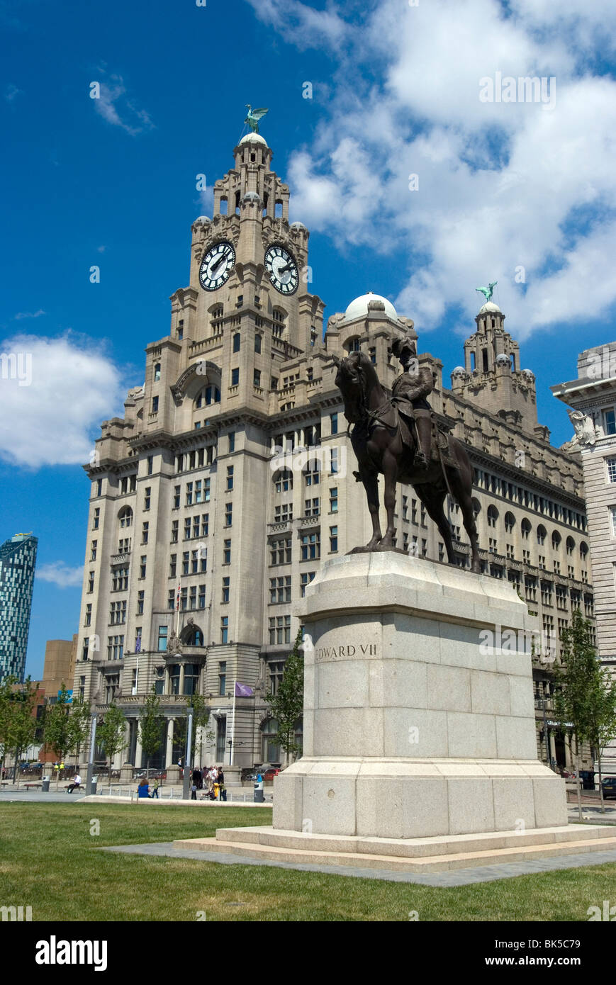 Statue of Edward VII in from of the Liver Building, one of the Three ...