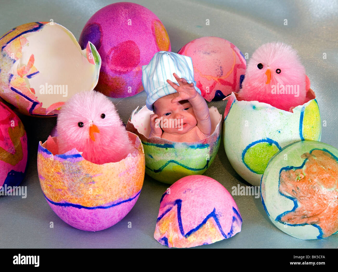 Happy Easter chick bunny baby basket egg eggs Stock Photo - Alamy