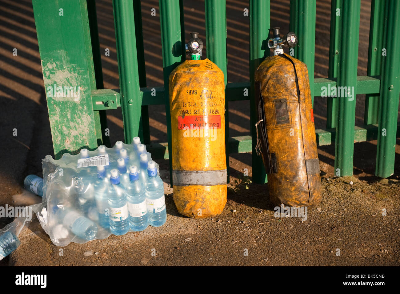 Fire Service BA Cylinders and bottled water Stock Photo - Alamy