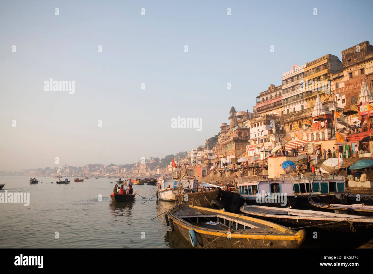 Hindu temples at the riverbank, Ganges River, Varanasi, Uttar Pradesh ...