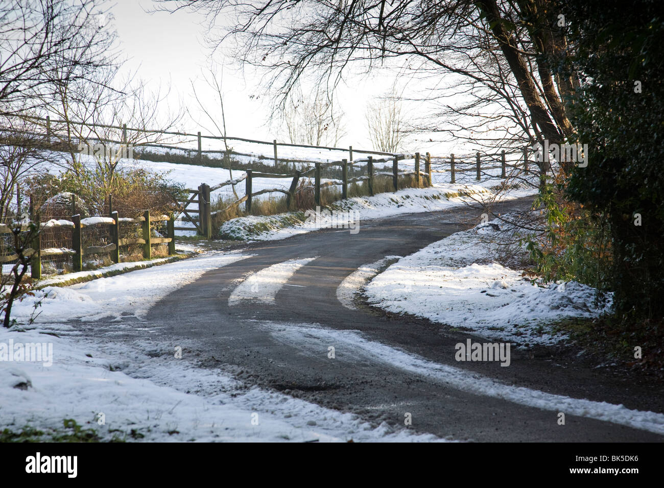 A snow covered country road, Surrey, England Stock Photo - Alamy
