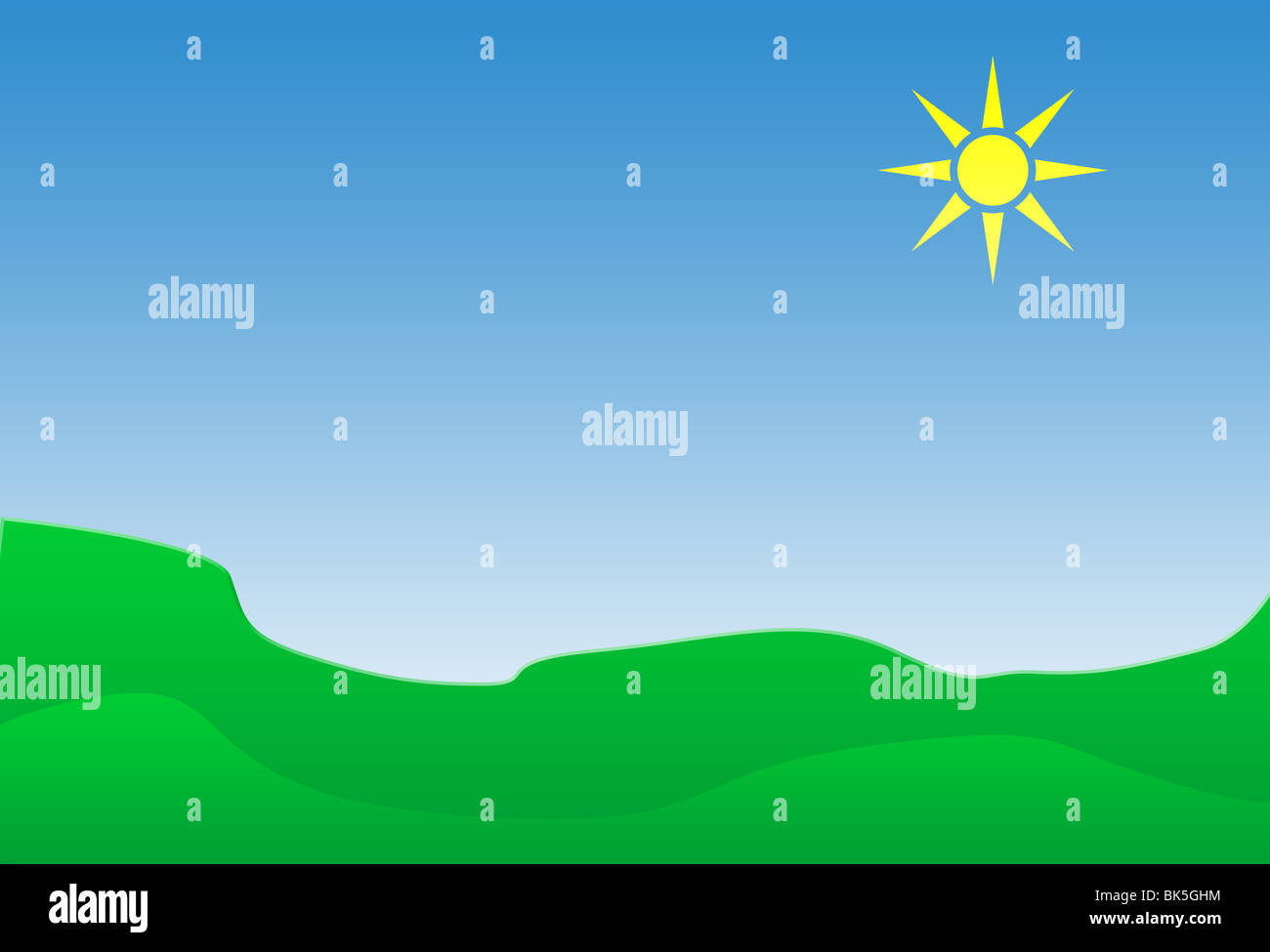 Background of summer landscape with shining sun and green fields Stock ...