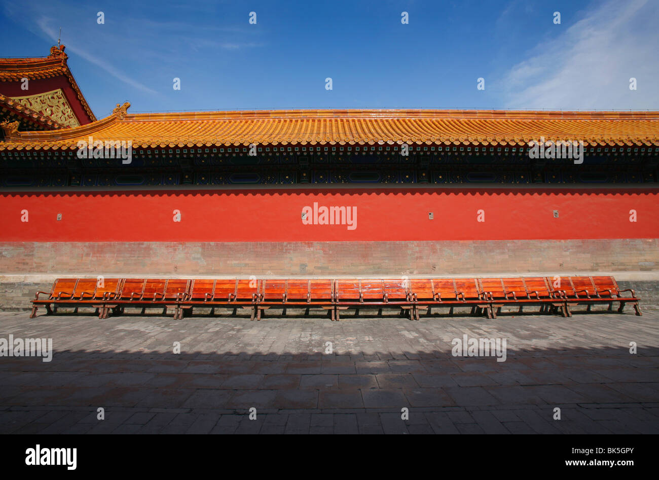 Benches in front of a building, Forbidden City, Beijing, China Stock ...