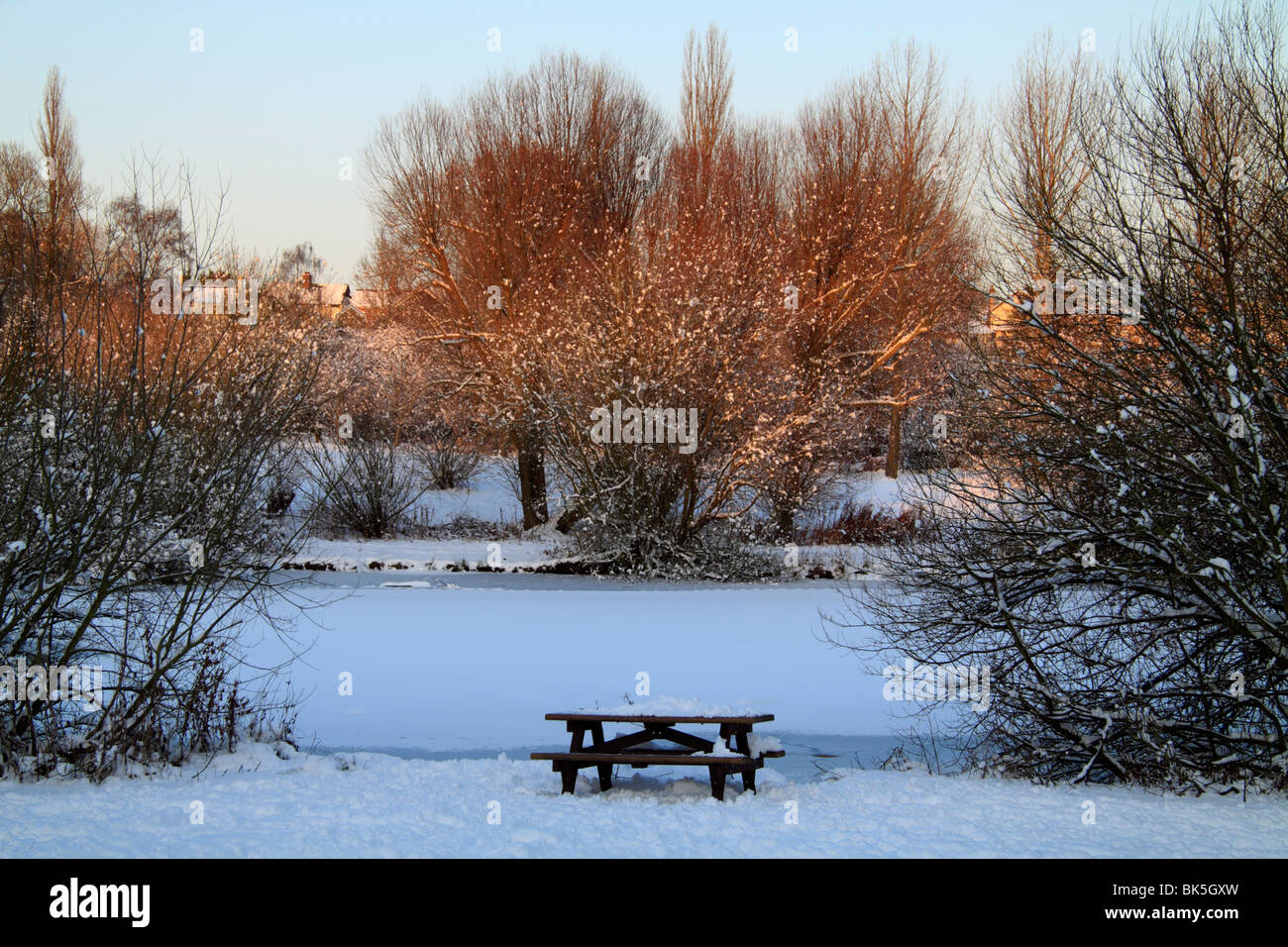 Frozen Lake covered with Snow Stock Photo - Alamy