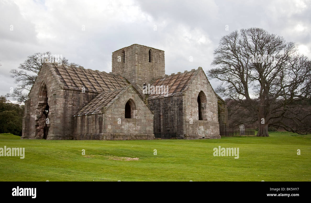 Dunglass Collegiate Church, a ruined 15th century pink sandstone church ...