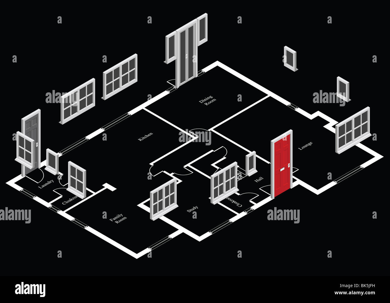 Vector of isometric house ground floor plan with doors and windows ...