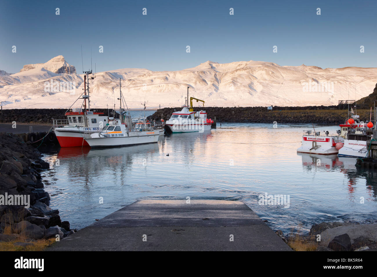 Fishing harbour at Hofn, near Bakkagerdi in Borgarfjordur Eystri fjord ...
