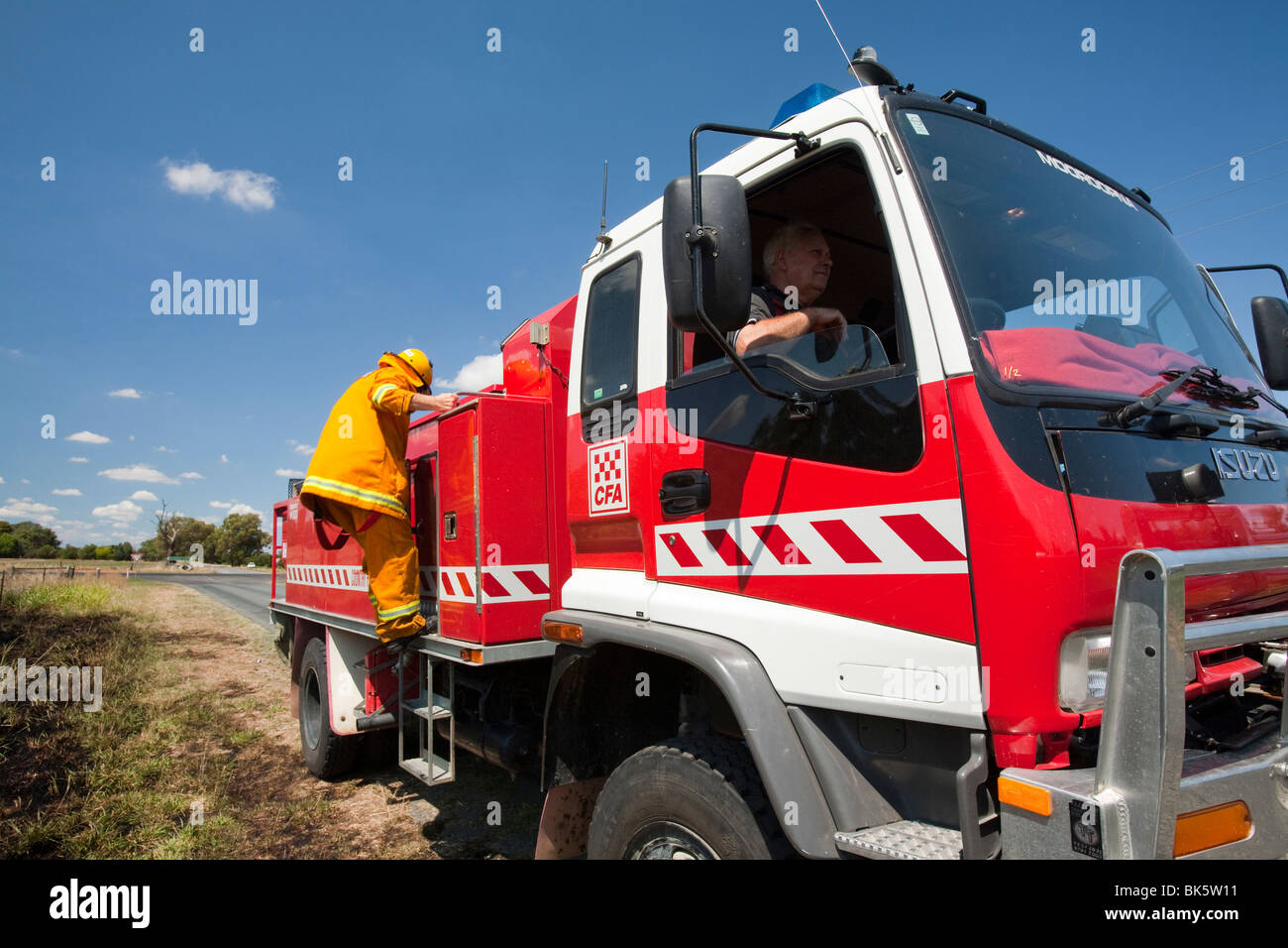 CFA fire fighters tackle a roadside fire near Shepperton, Victoria ...