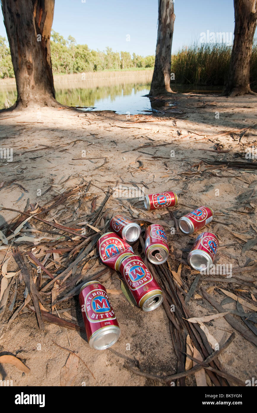 Beer cans left by campers in the Barmah Forest on the Murray River ...