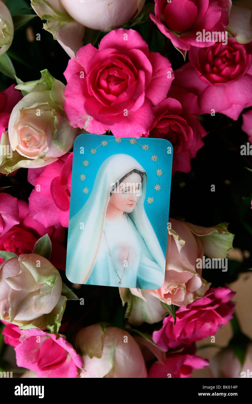 Picture of the Virgin Mary with roses, Paris, France, Europe Stock ...