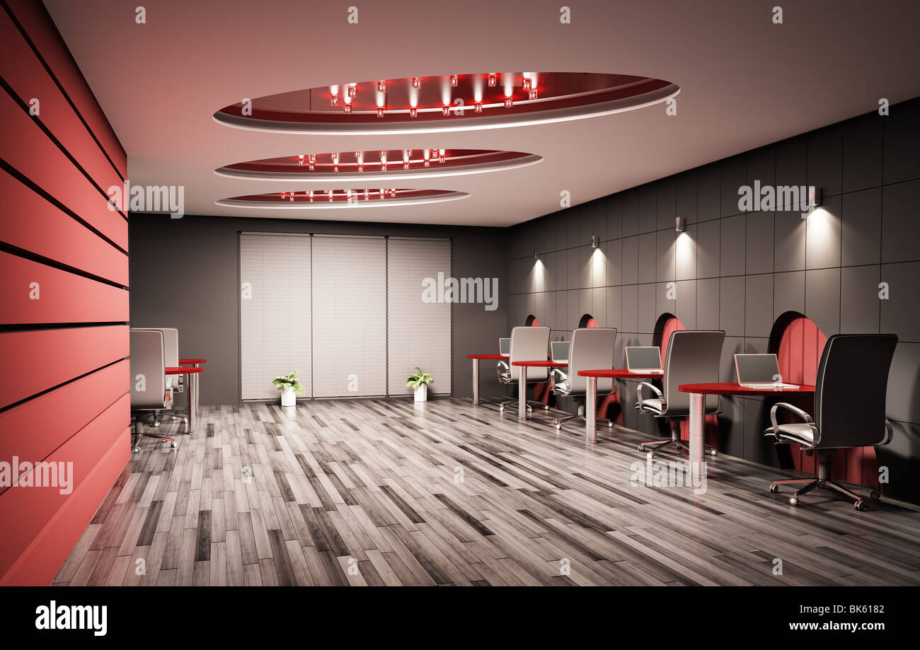Computer office interior with laptops 3d render Stock Photo - Alamy
