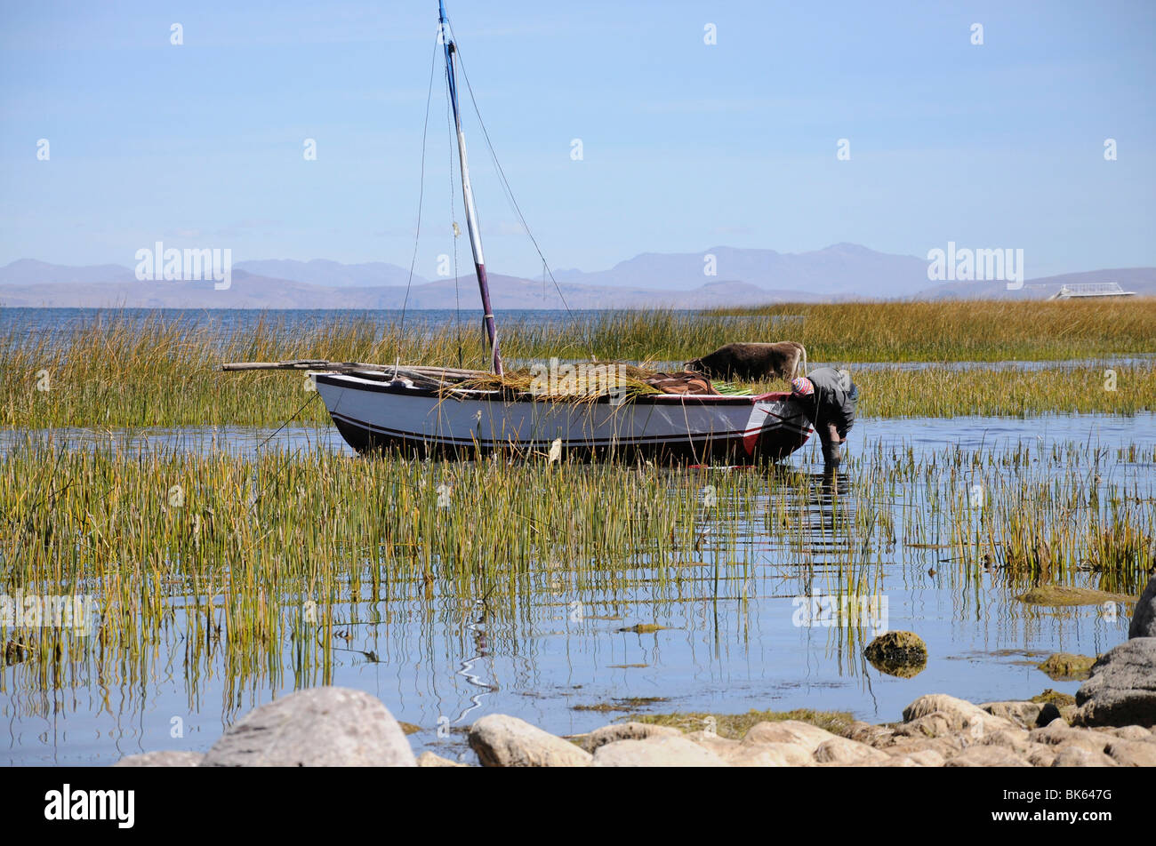 Sailboat, Lake Titicaca, Llachon community, Capachica peninsula, Peru ...