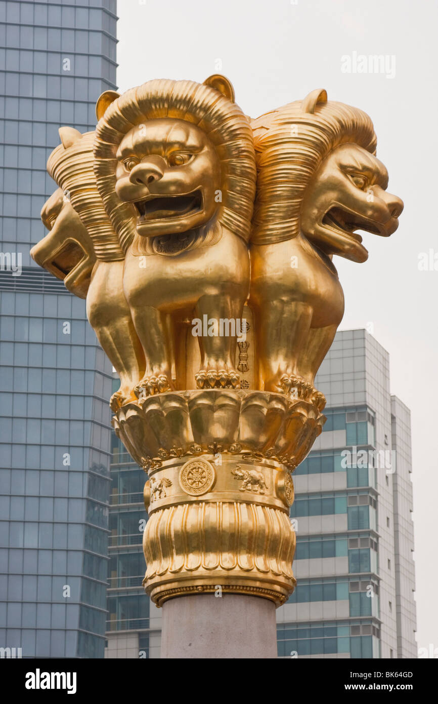 4 Golden Lions outside a temple in Central Shanghai in China Stock ...