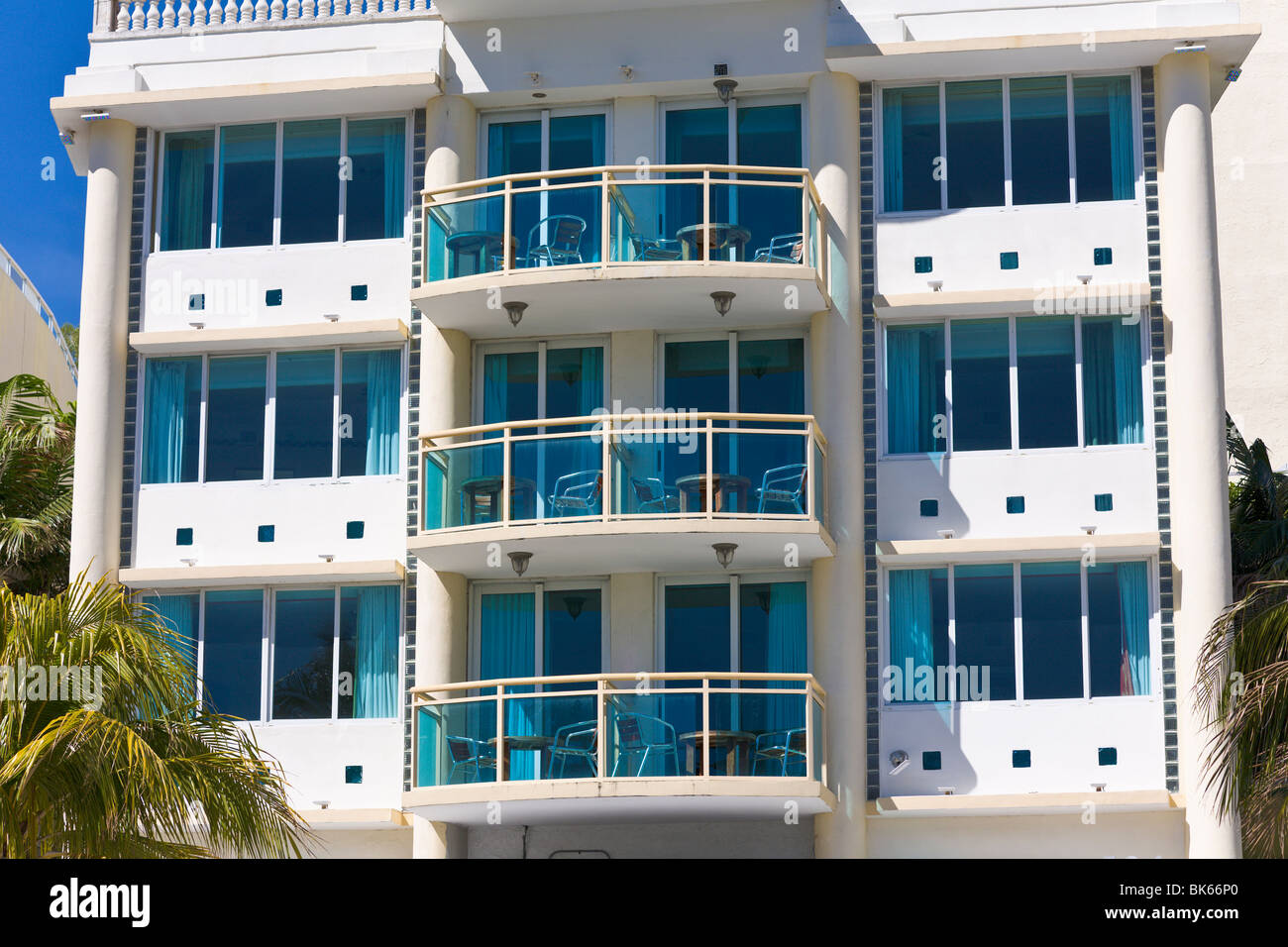 Hotel balconies and palm trees, "South Beach" Miami, Florida, USA Stock ...