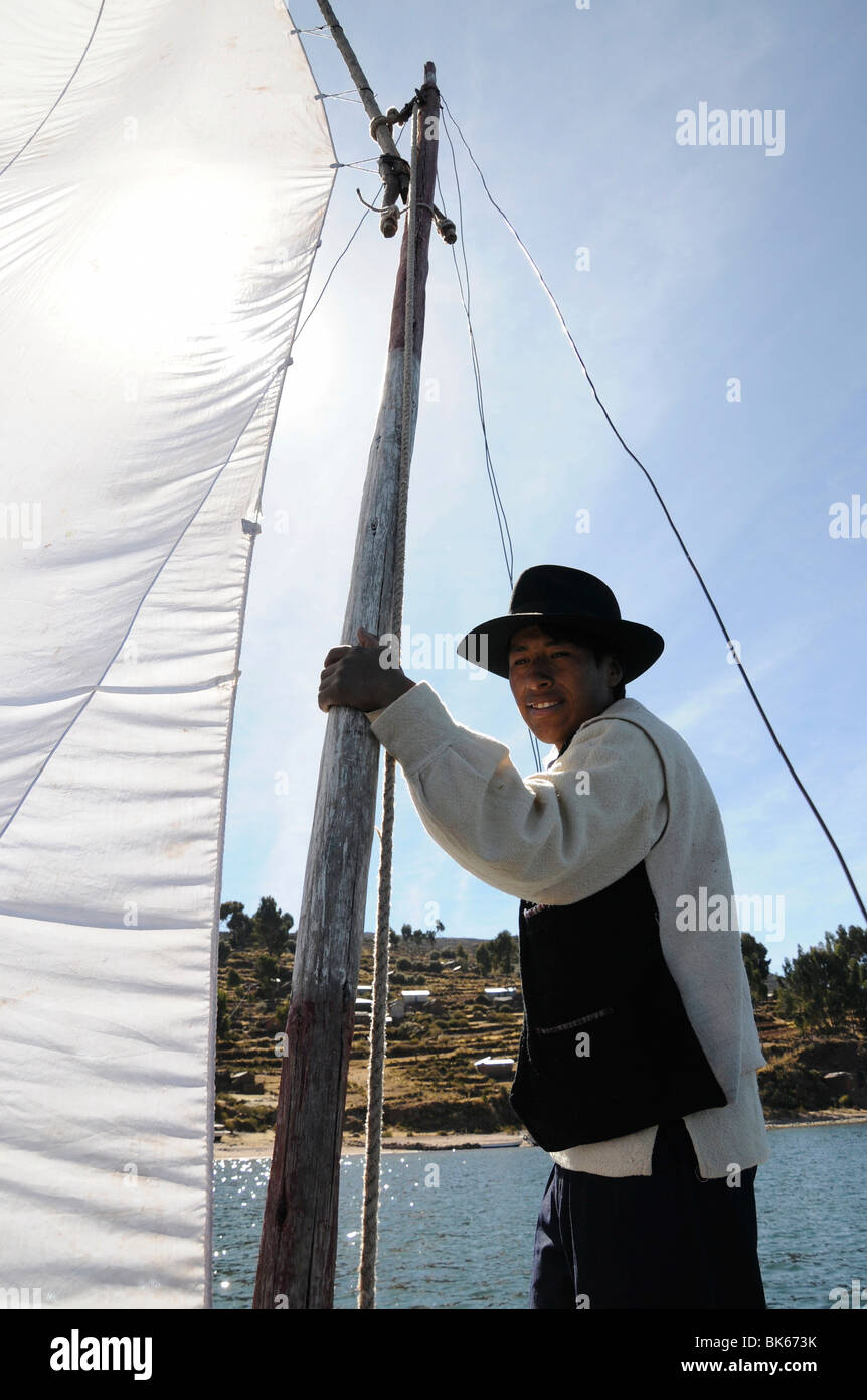 Man, sail, sailing boat trip, Capachica peninsula, Peru, South America ...