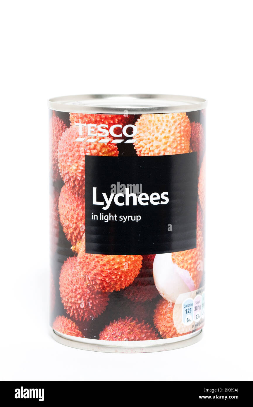 A tin of Tesco Lychees in light syrup on a white background Stock Photo ...