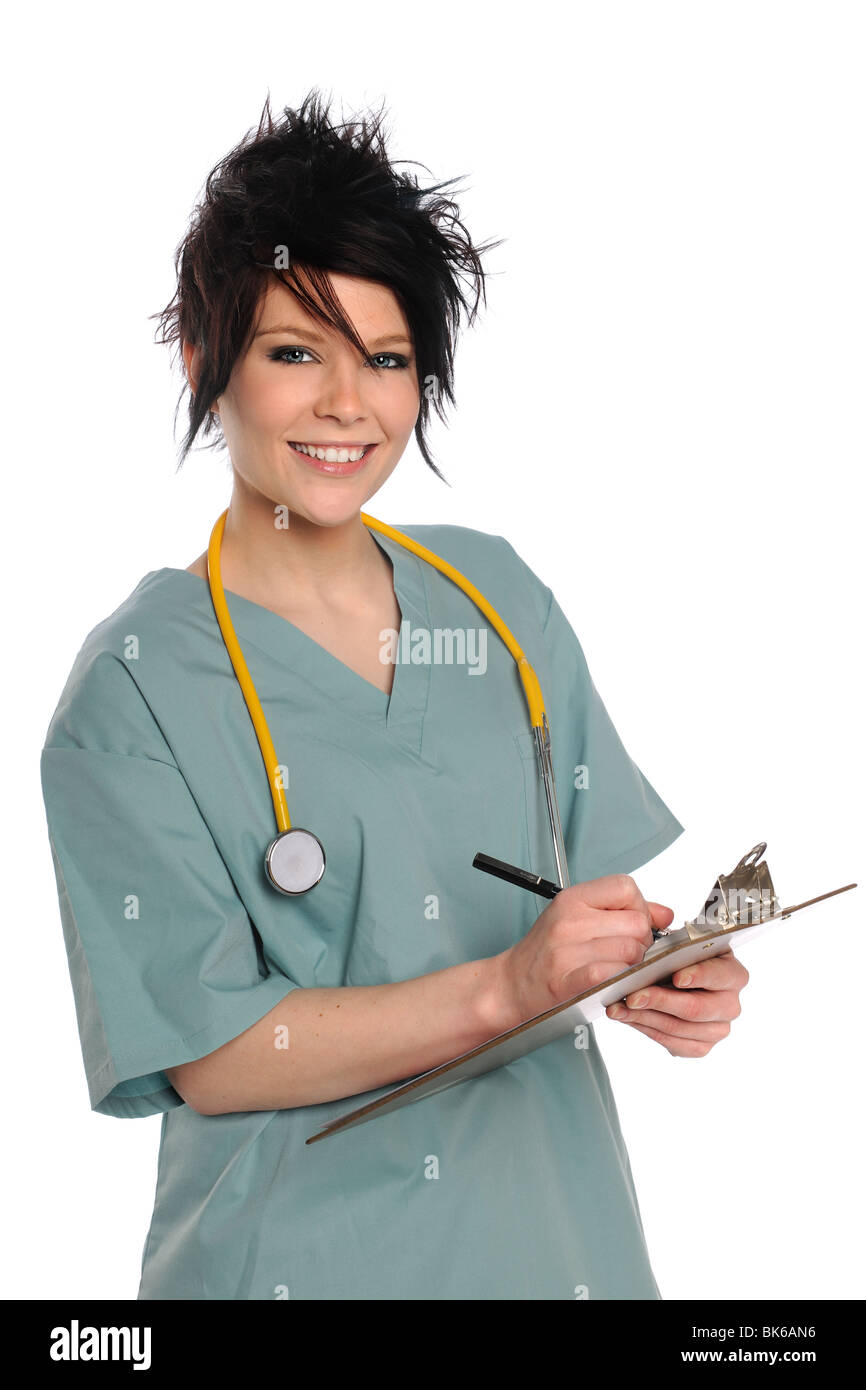 beautiful health care provider with clipboard isolated over white ...