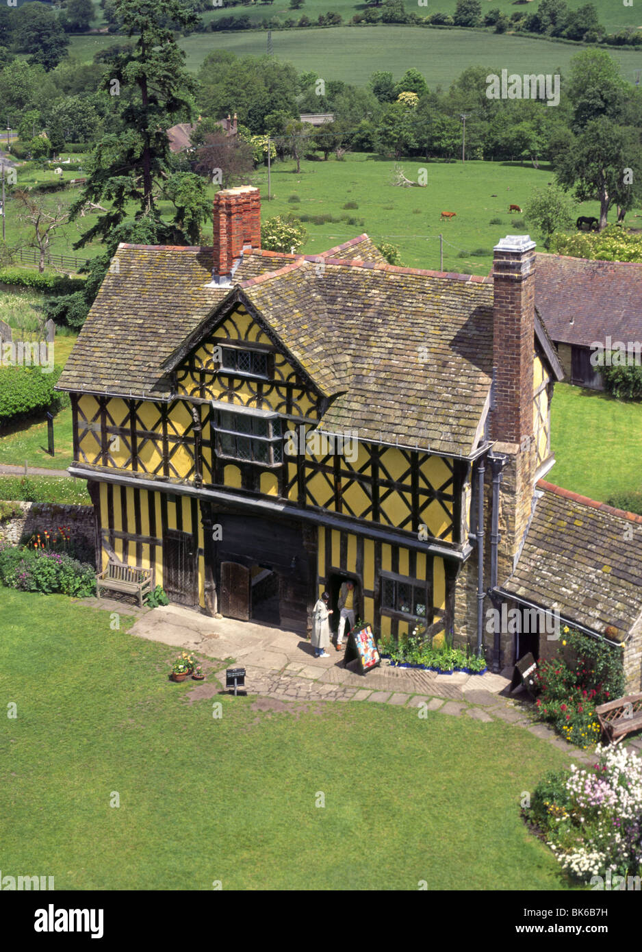 Aerial view historical Stokesay Castle gatehouse a jacobean half ...