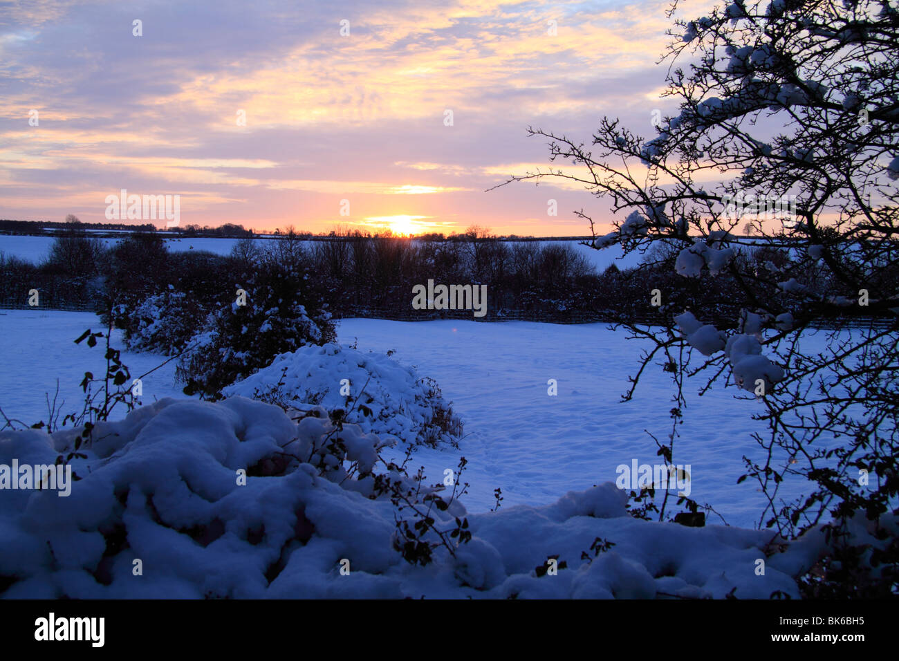 Sunset over Snowy Fields Stock Photo - Alamy