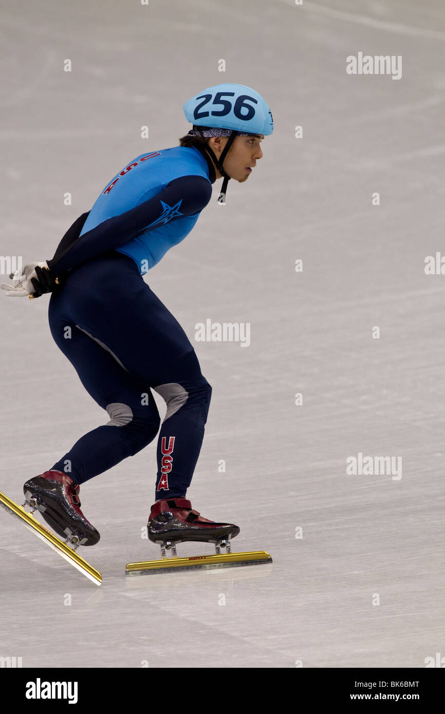 Apolo Anton Ohno (USA) competing in the 1000m Short Track Speed Skating event at the 2010 ...