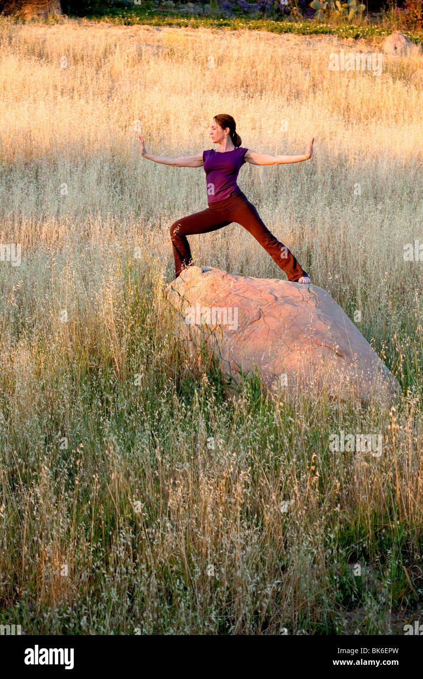 Woman in yoga stance on rock in nature Stock Photo - Alamy