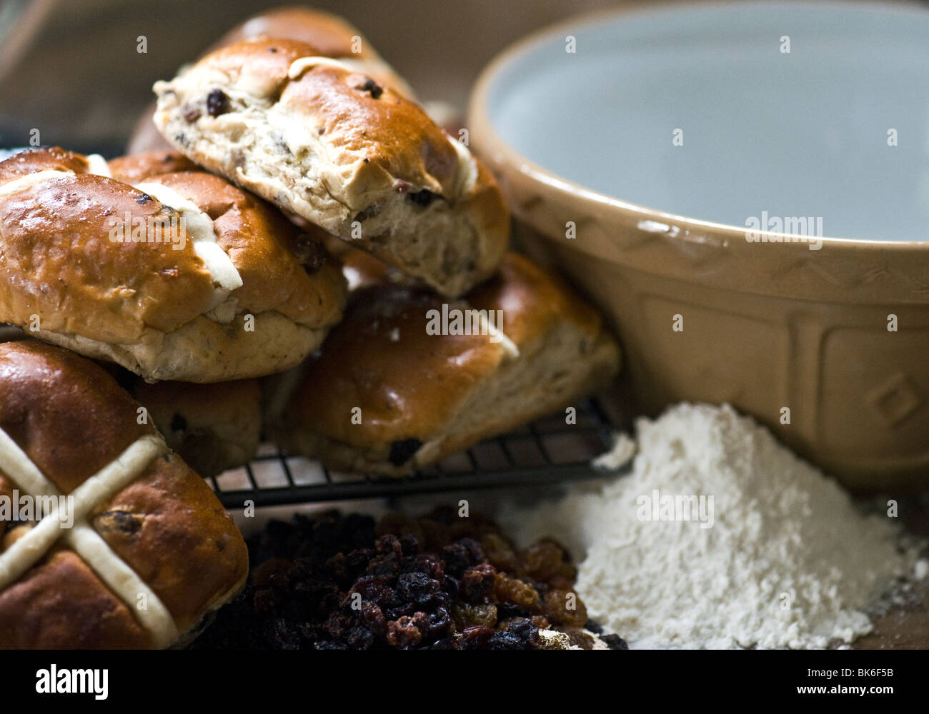 Hot Cross Buns with Ingredients and Mixing Bowl Stock Photo - Alamy