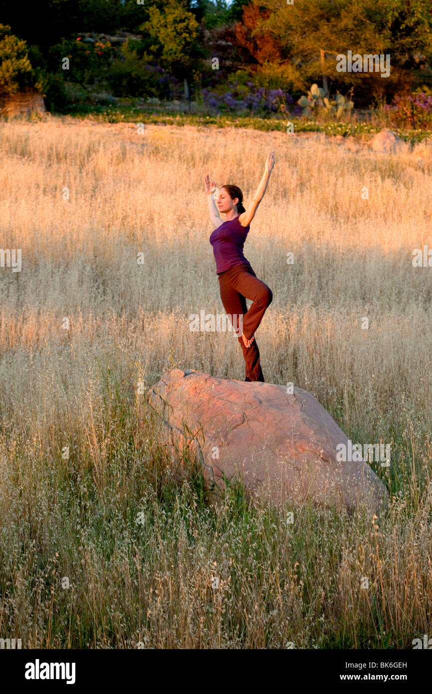 Woman in yoga stance on a rock Stock Photo - Alamy