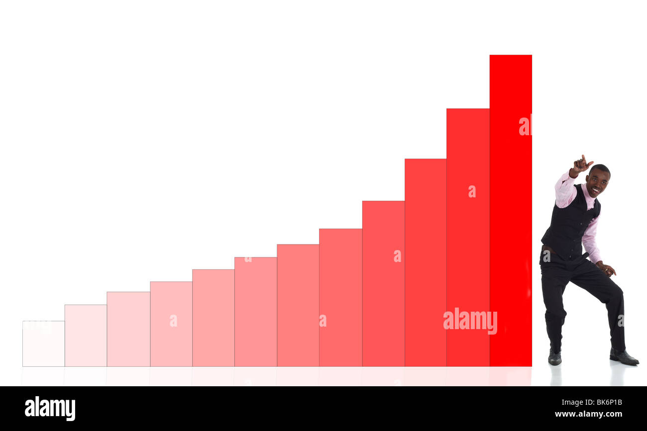 Red bar graph with a happy businessman pointing up at the tallest bar ...